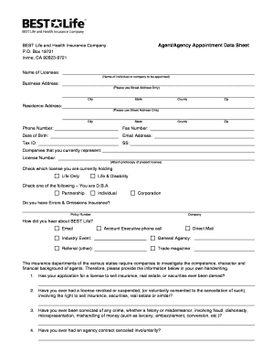 Fillable Online Agent/Agency Appointment Data Sheet BEST Life and ...