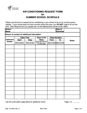 Fillable Online AIR CONDITIONING REQUEST FORM for SUMMER SCHOOL ... Fax ...