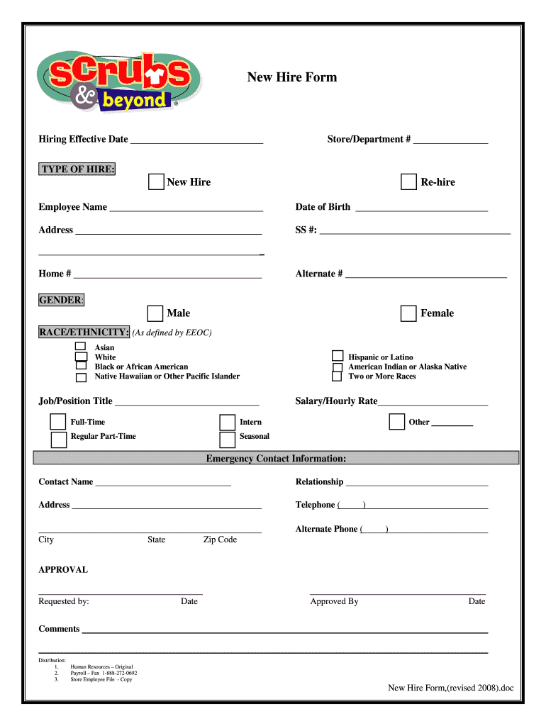 Fillable Online scrubslink New Hire Form - Scrubs & Beyond ScrubsLink Fax Email Print - pdfFiller