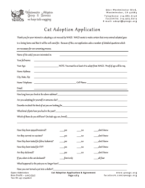 Fillable Online wagspetadoption Cat Adoption Application - WAGS Pet ...
