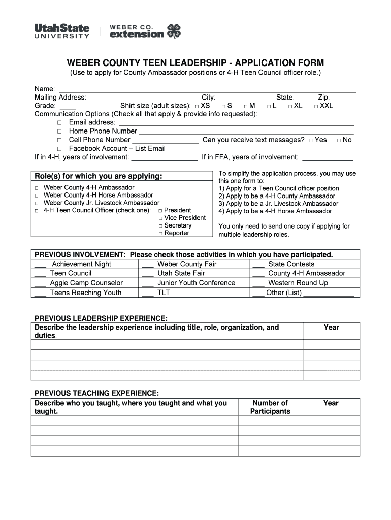 Fillable Online Weber county teen leadership - application form - Weber County 4-H ... Fax Email ...