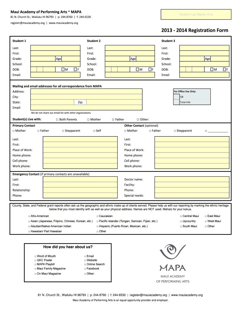 Fillable Online 2013 - 2014 Registration Form - Maui Academy of ...