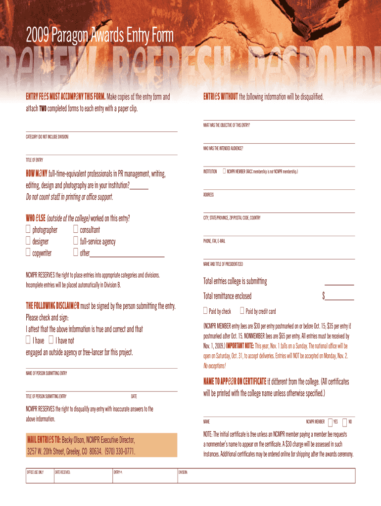 Fillable Online 2009 Paragon awards entry form Fax Email Print - pdfFiller