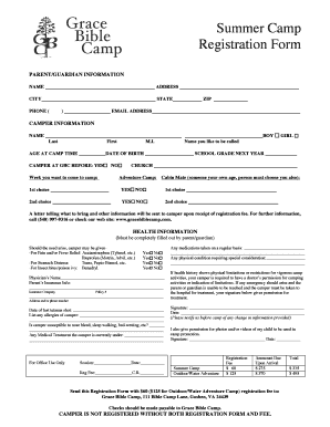 Fillable Online Summer Camp Registration Form - Grace Bible Camp Fax Email Print - pdfFiller