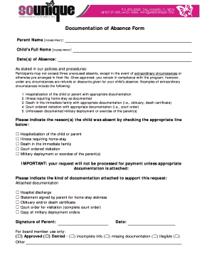 Fillable Online Documentation of Absence Form Fax Email Print - pdfFiller