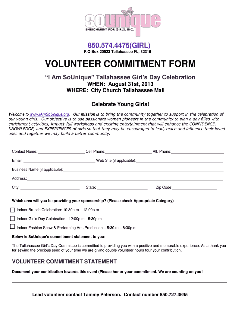 Fillable Online VOLUNTEER COMMITMENT FORM - SoUnique Enrichment for ...