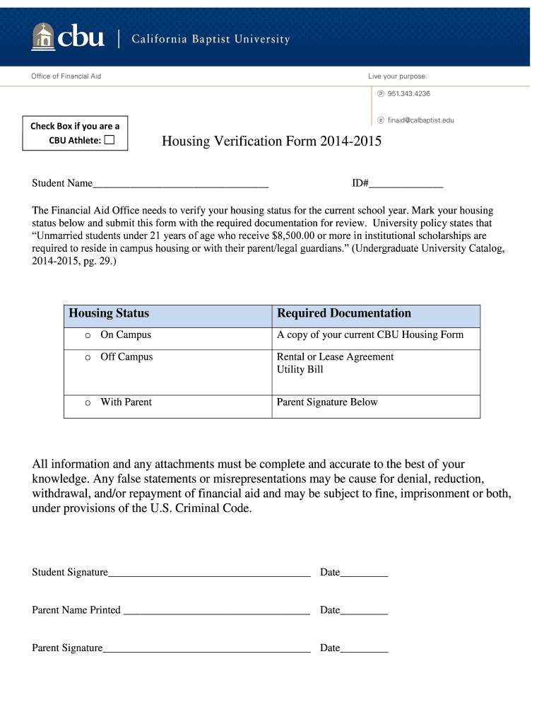 Fillable Online Housing Verification Form - InsideCBU! Fax Email Print ...