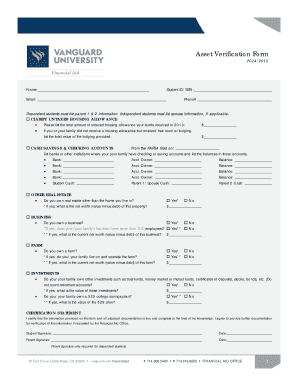 Fillable Online financialaid vanguard 14/15 Asset Verification Form ...