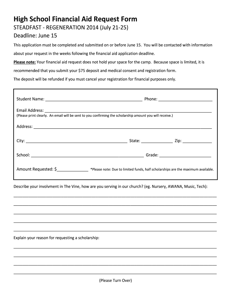 Fillable Online High School Financial Aid Request Form - Calvary Bible ...