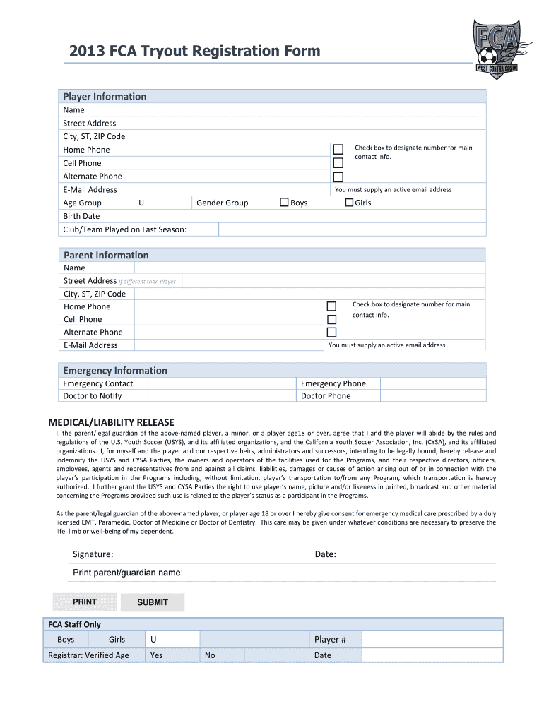 Fillable Online 2013 FCA Tryout Registration Form Fax Email Print ...