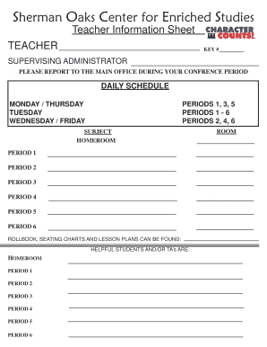 Fillable Online Teacher Information Sheet - Sherman Oaks Center for ...