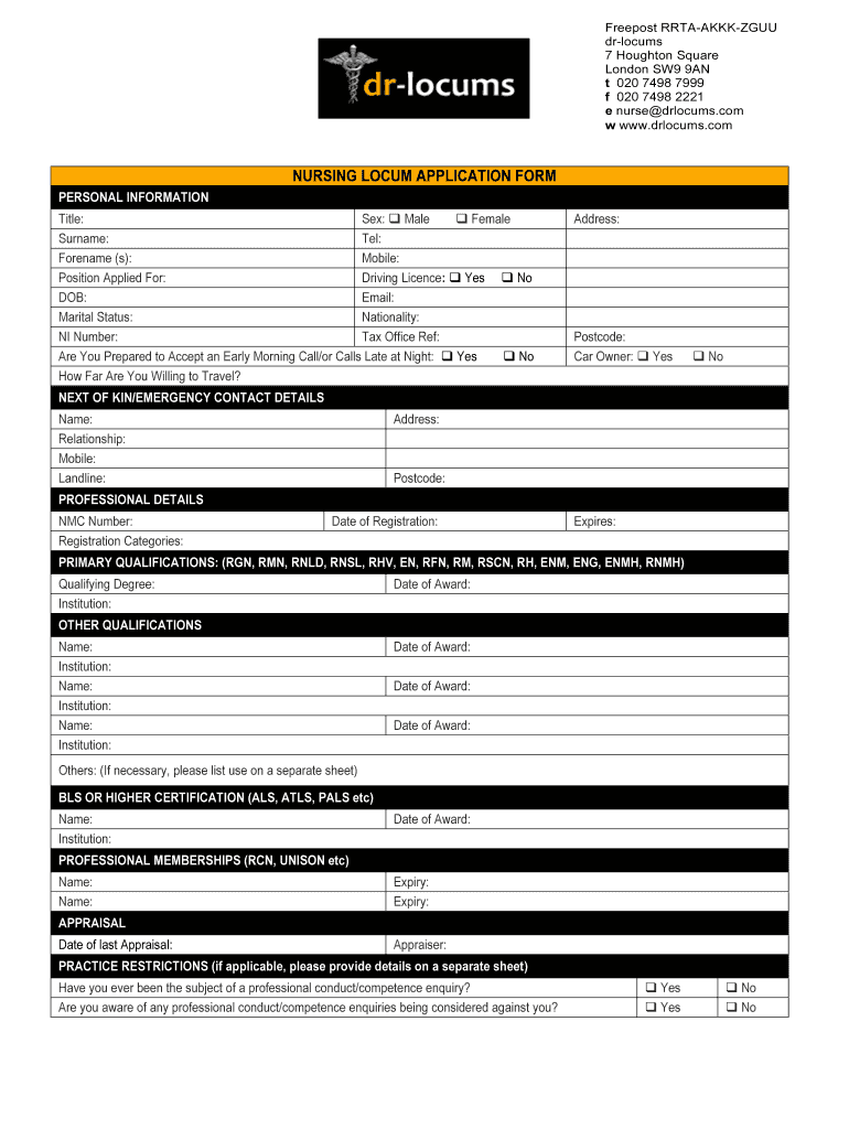 Fillable Online NURSING LOCUM APPLICATION FORM Fax Email Print - pdfFiller