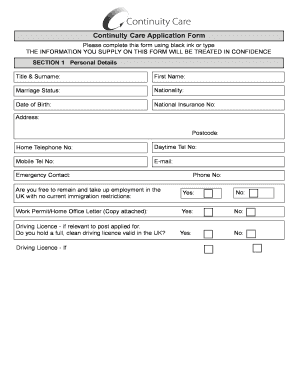 Fillable Online Continuity Care Application Form Fax Email Print ...