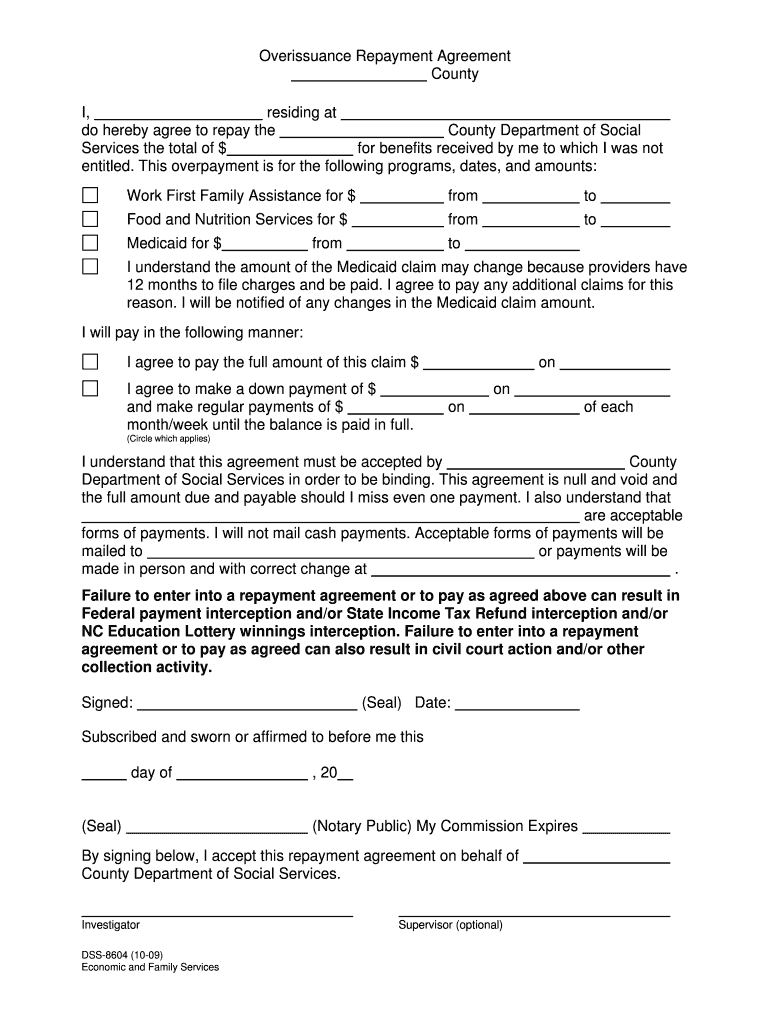 Fillable Online info dhhs state nc Overissuance bRepaymentb Agreement ...