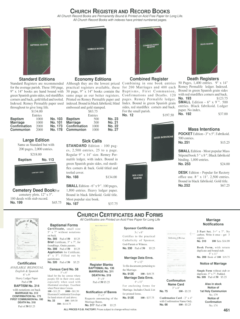 Fillable Online Church register and brecordb books church certificates ...