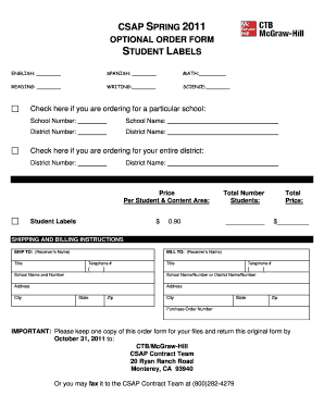Fillable Online CSAP Reports -- Label Order Form - CTB/McGraw-Hill Fax ...