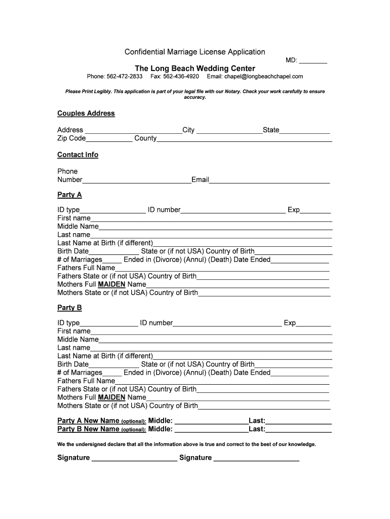 Fillable Online Confidential Marriage License Application The Long ...