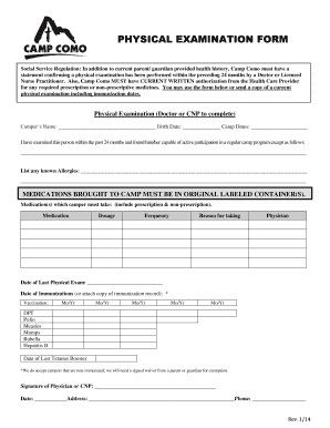 Fillable Online PHYSICAL EXAMINATION FORM - Camp Como Fax Email Print ...