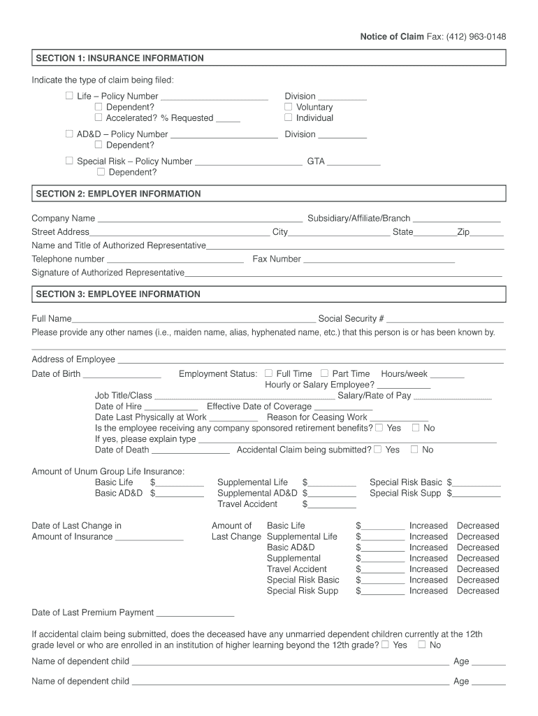 Fillable Online CLAIM FOR LIFE / ACCIDENTAL DEATH AND DISMEMBERMENT ...