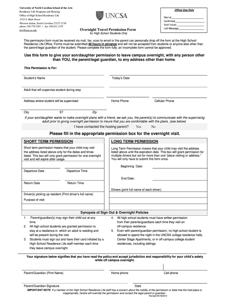 Fillable Online uncsa Overnight Travel Permission Form - University of ...