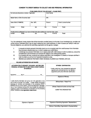Fillable Online CONSENT TO CREDIT BUREAU T0 COLLECT AND USE PERSONAL INFORMATION Fax Email Print ...