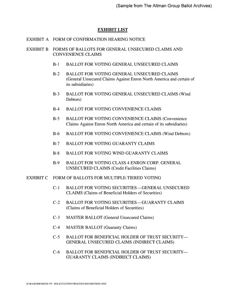 Fillable Online EXHIBIT LIST EXHIBIT A FORM OF CONFIRMATION HEARING ...