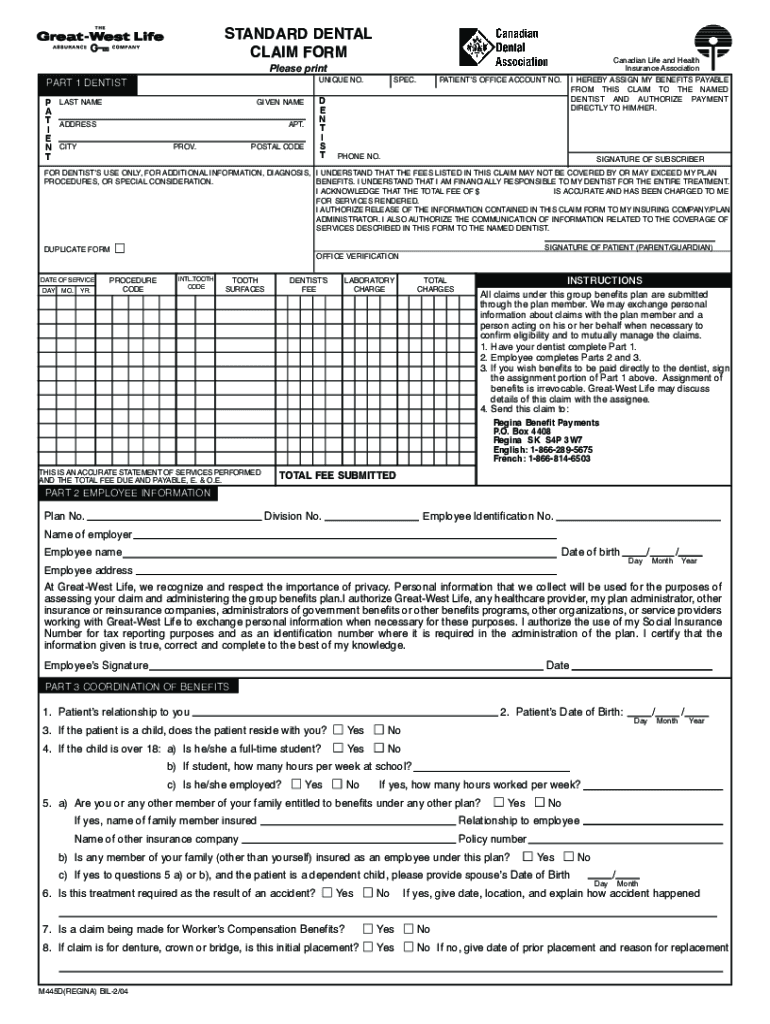 Fillable Online STANDARD DENTAL CLAIM FORM PART 1 DENTIST ... Fax Email ...