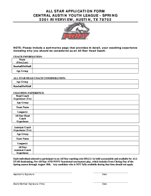 Fillable Online All star application form central austin youth league ...