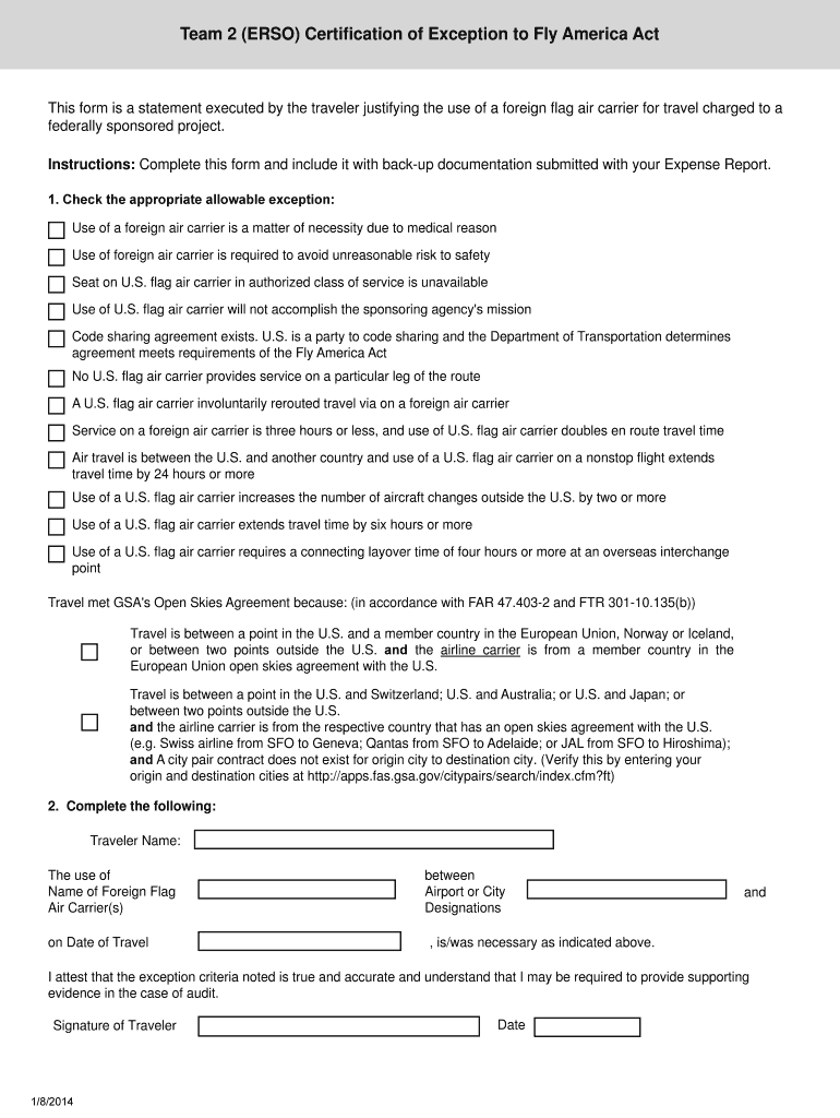 Fillable Online Team 2 ERSO Certification of Exception to Fly America ...