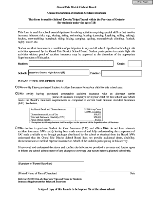 Fillable Online Annual Declaration of Student Accident Insurance This ...