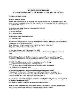 Fillable Online DEFENSIVE DRIVING SAFETY KNOWLEDGE REVIEW AND RATING ...