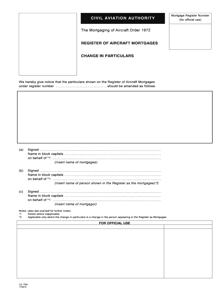 Fillable Online caa co CAA Register Of Aircraft Mortgages Change In Particulars. CAA Register Of ...