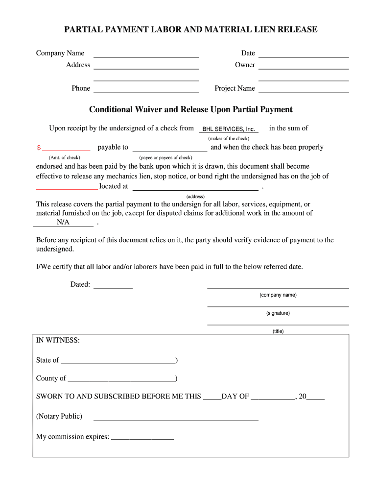Fillable Online Partial bpaymentb labor and material lien release - BHL ...