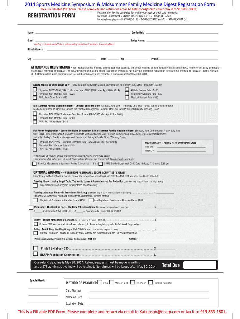 Fillable Online REgiStRAtioN FoRm 2014 Sports Medicine Symposium ... Fax Email Print - pdfFiller