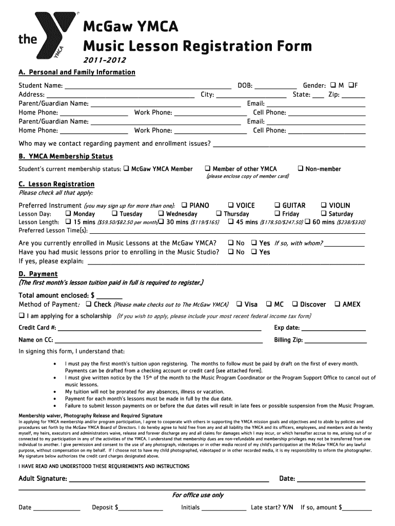 Fillable Online mcgawymca Music Lesson Registration Form McGaw YMCA ...