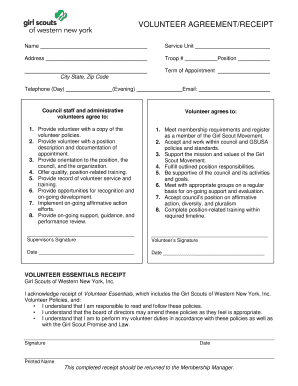 Fillable Online gswny Volunteer agreement/receipt - Girl Scouts of Western New York Fax Email ...