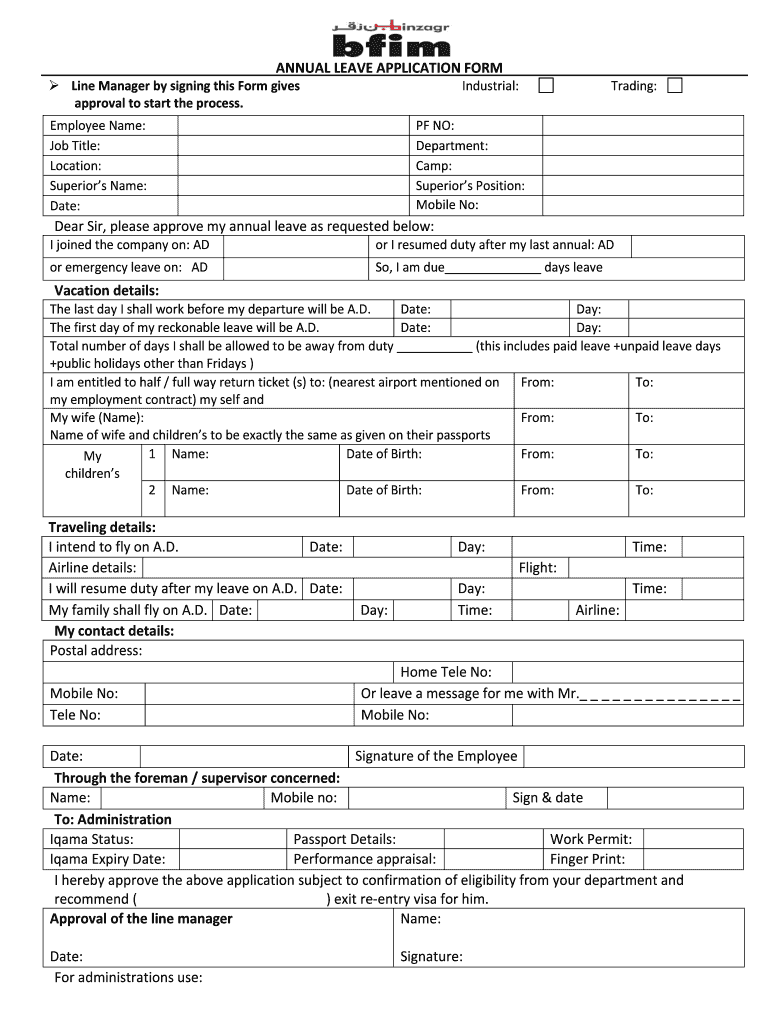 Fillable Online ANNUAL LEAVE APPLICATION FORM Line Manager by signing ...
