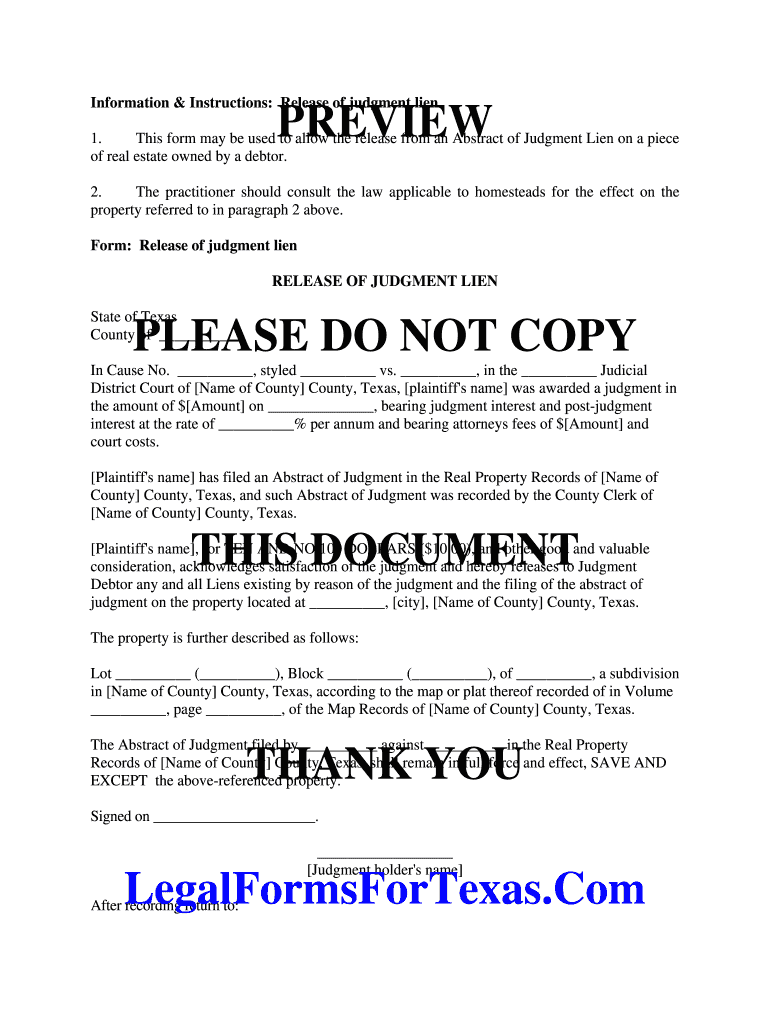Fillable Online Information amp Instructions Release of judgment lien ...
