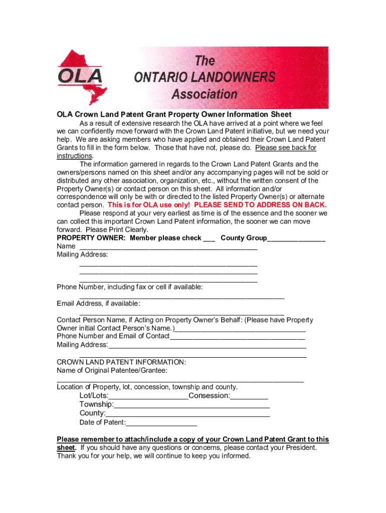 Fillable Online OLA Crown Land Patent Grant Property Owner Information ...