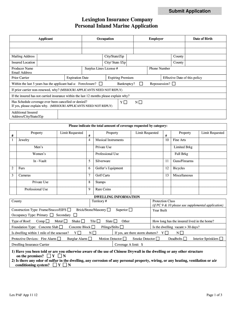 Fillable Online Lexington Insurance Company - Application HO 3 Program ...