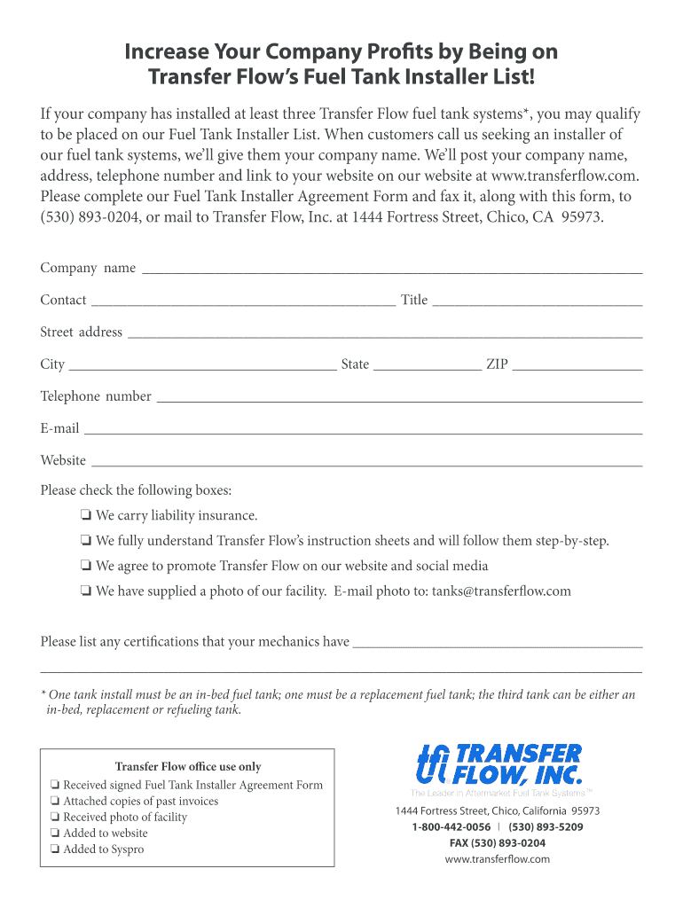 Fillable Online Fuel Tank Installer Agreement Form - Transfer Flow, Inc ...
