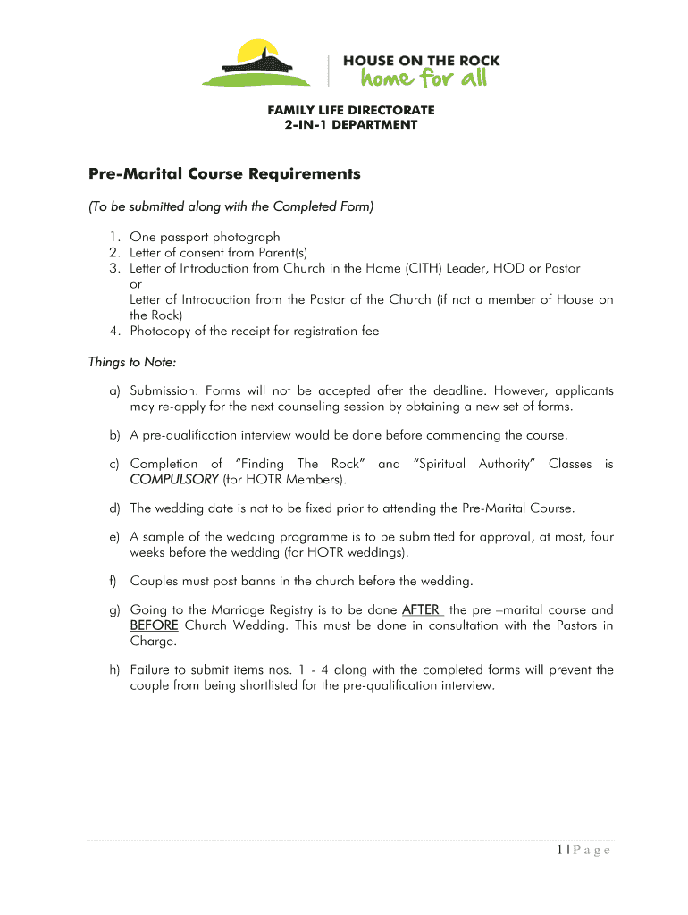 Fillable Online Pre-Marital Course Requirements - The House on The Rock ...
