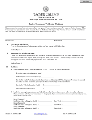 Fillable Online wagner Student Asset Verification Worksheet - Wagner ...