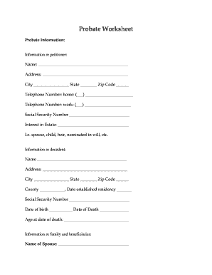 Fillable Online Probate Worksheet - Platt & Westby, P.C. Fax Email ...