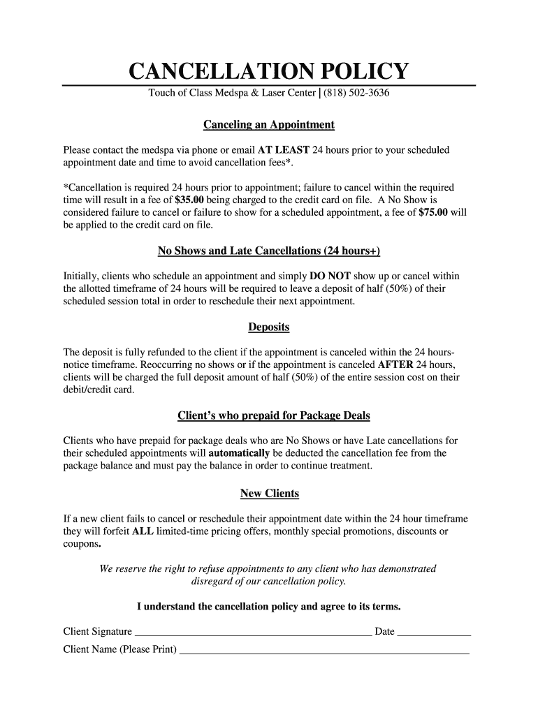 Spa Cancellation Policy Template Fill Online Printable Fillable 