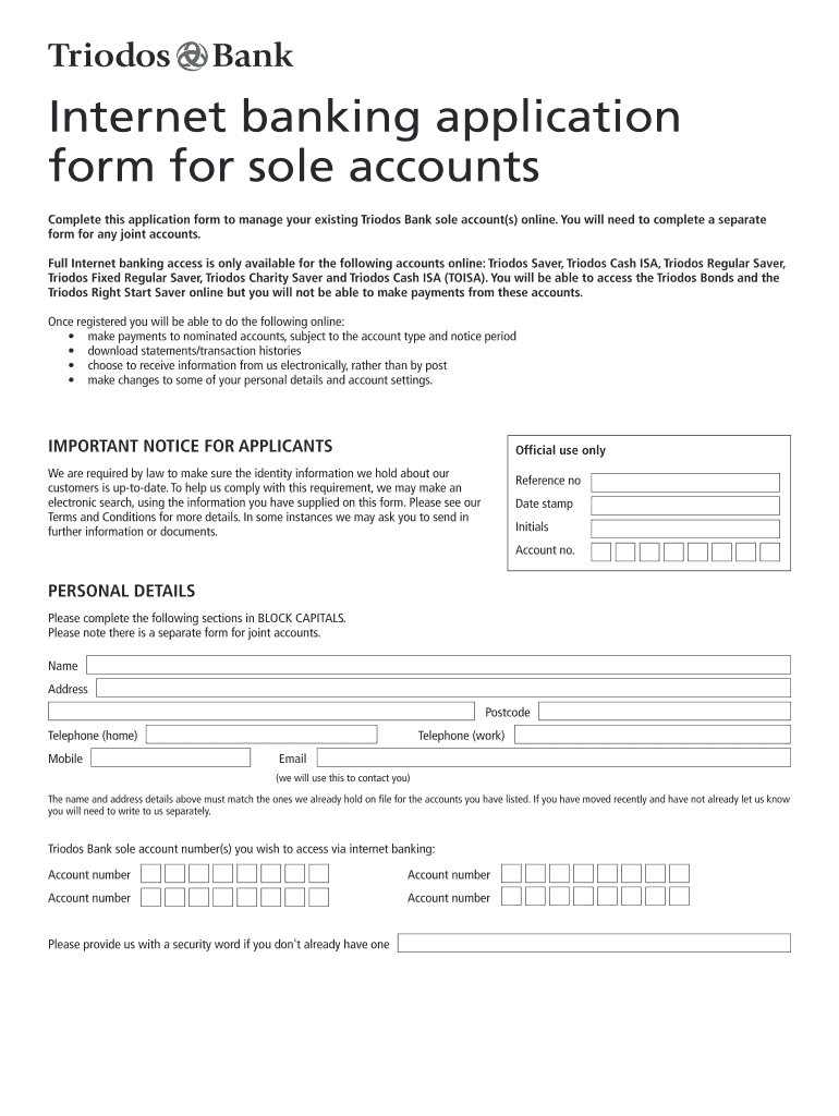 Fillable Online Internet banking application form for sole accounts ...