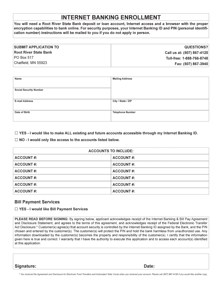 Fillable Online Internet Banking Enrollment Form - Root River State Bank Fax Email Print - pdfFiller