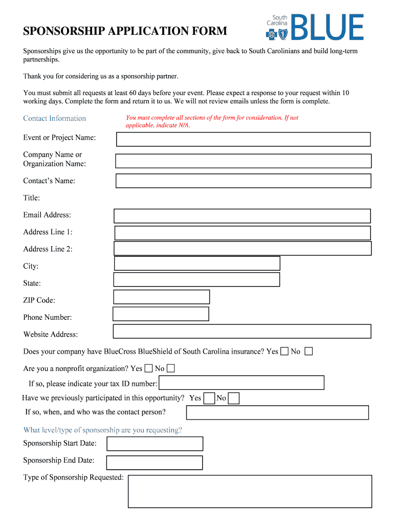 Fillable Online SPONSORSHIP APPLICATION FORM - SC Blue Retail Fax Email Print - pdfFiller
