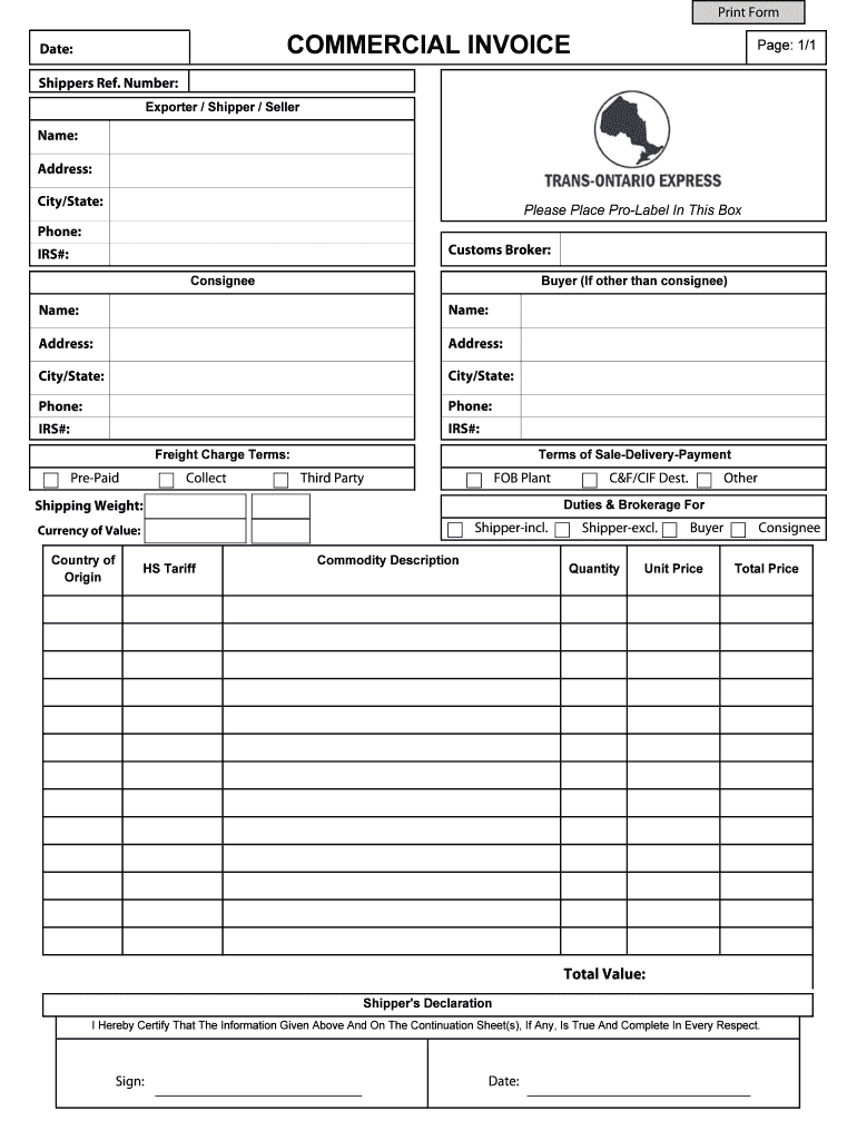 Fillable Online BCOMMERCIAL INVOICEb - Trans-Ontario Express Fax Email ...