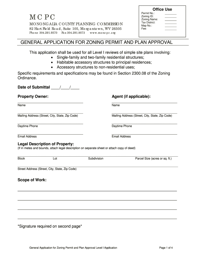 Fillable Online moncpc Zoning Permit and Plan Approval Application Level I - Monongalia ... Fax ...
